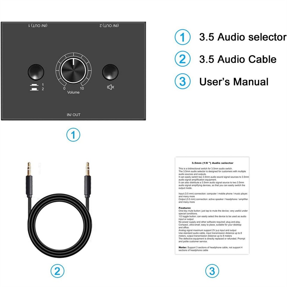 2 Way Bi-Directional Audio Switcher 3.5mm Two Way Switch 2 in 1 out /1 ...