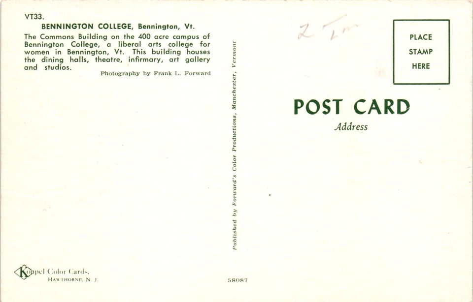 Bennington College Vermont VT The Commons Building Unposted 60s Vintage ...