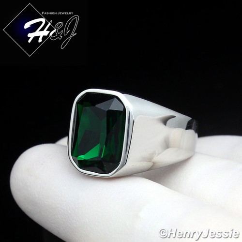 MEN's Stainless Steel 3D Rectangle Green Gemstone Silver Ring Size 7-12 ...