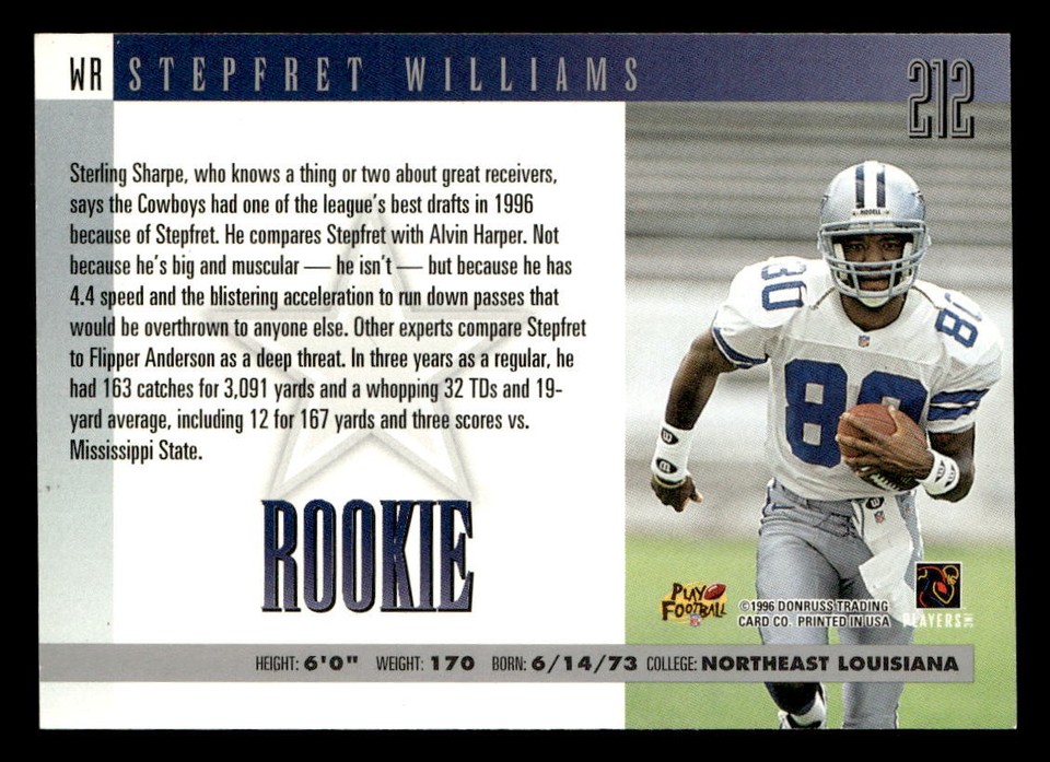 Stepfret Williams 1996 Donruss Rookie Card #212 Dallas Cowboys | eBay