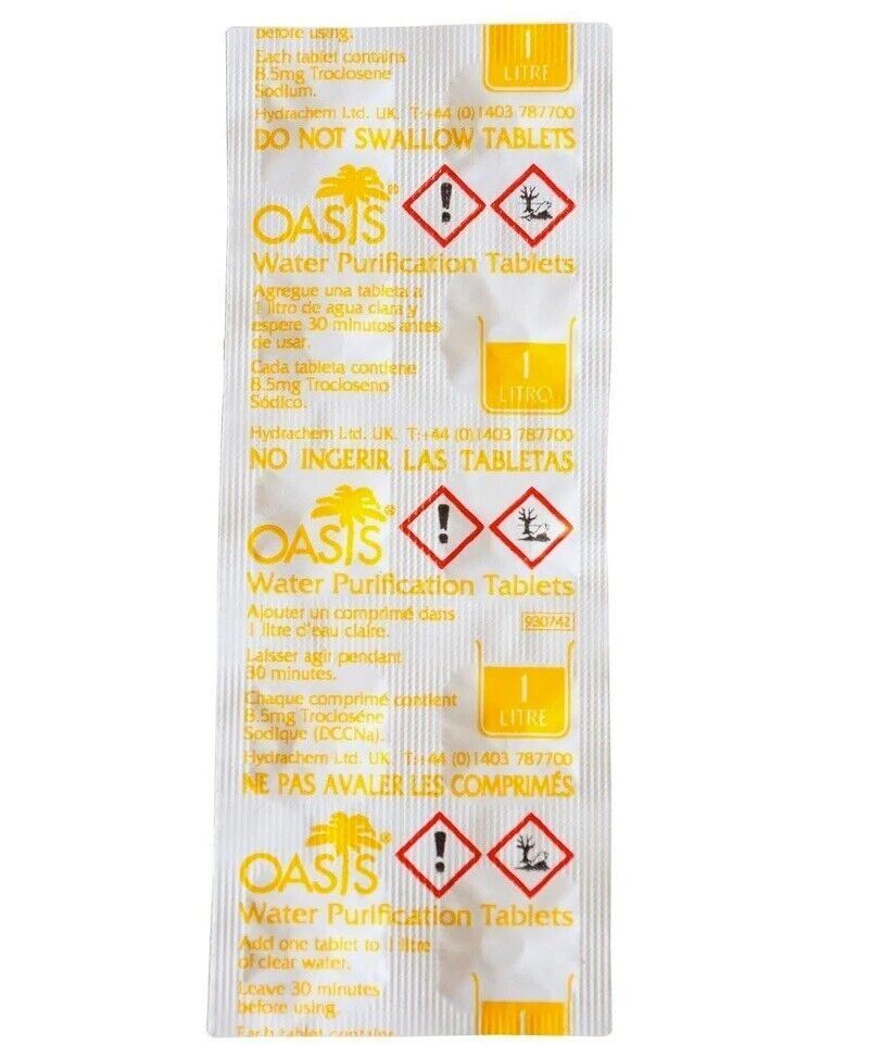 100 OASIS WATER PURIFICATION TABLETS 8.5mg BRITISH PURIFYING TRAVEL EXP ...