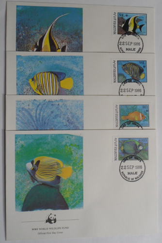 WORLD FDC : MALDIVES 1986 SC#1185-1187 + 1189 WWF MARINE FAUNA FISH 4v ...