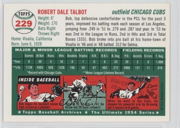 1994 Topps Archives The Ultimate 1954 Set Gold Bob Talbot #229 0f8 | eBay