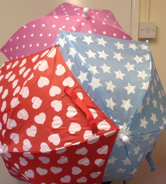 KIDS CHILDRENS UMBRELLA BROLLY cosy cottage pink red hearts blue stars ...