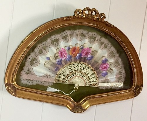 Antique Hand-Painted Fan in Hand-Carved Gilded Shadow Box Near Mint ...