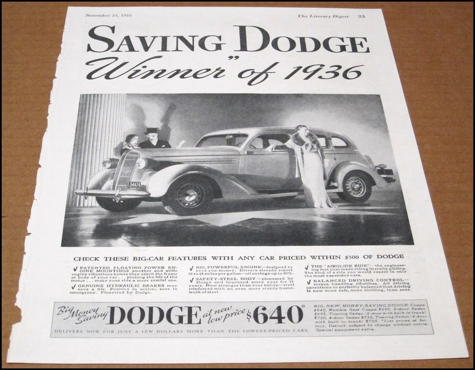 1936 Dodge Print Ad 1935 Car Automobile Auto Advertisement Vintage ...