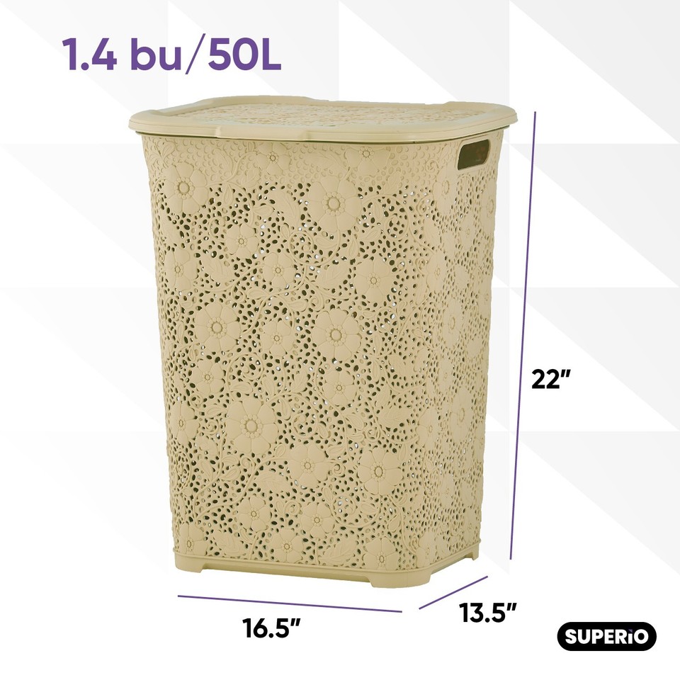 Plastic Laundry Hamper with Lid, Lace Style - Beige, 50 Liter (2 Pack ...