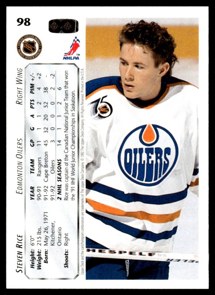 1992-93 Upper Deck #98 Steven Rice Edmonton Oilers | eBay