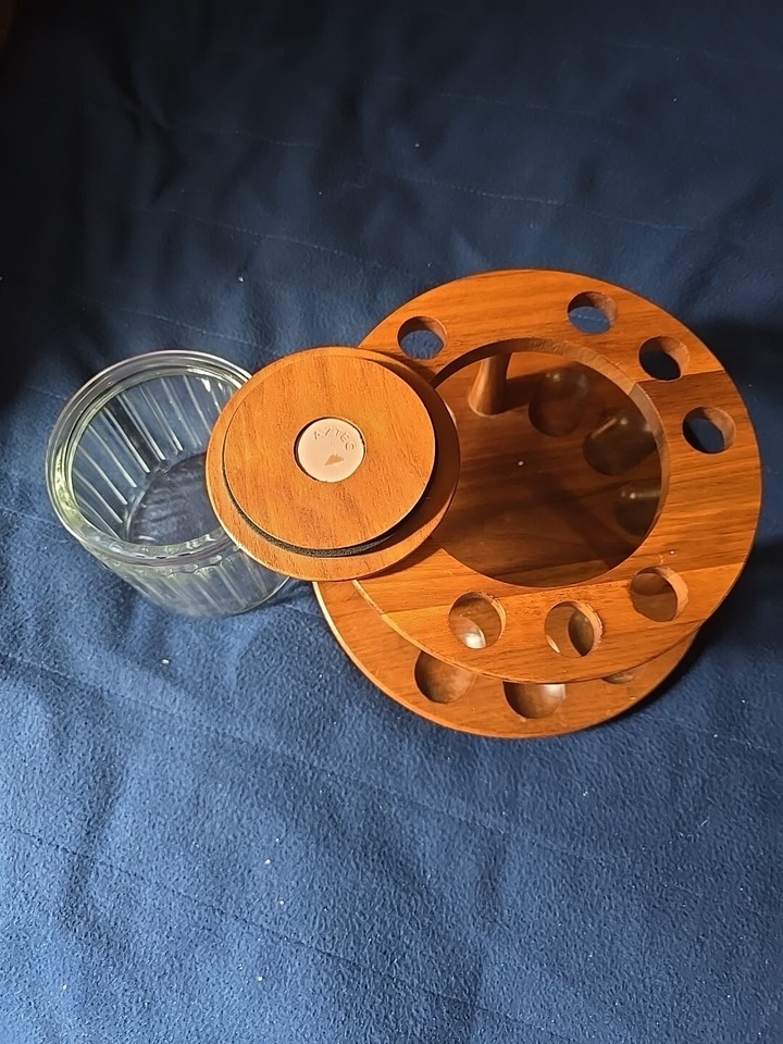 VINTAGE AZTEC WALNUT TOBACCO PIPES(9) HOLDER W/WOOD LID GLASS HUMIDOR ...