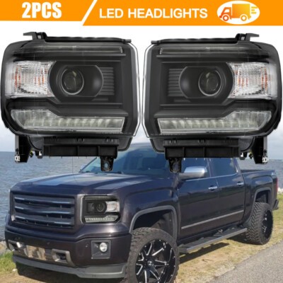 Black LED Head Lights Lamps W/White DRL For 2014-2018 GMC Sierra 1500 ...