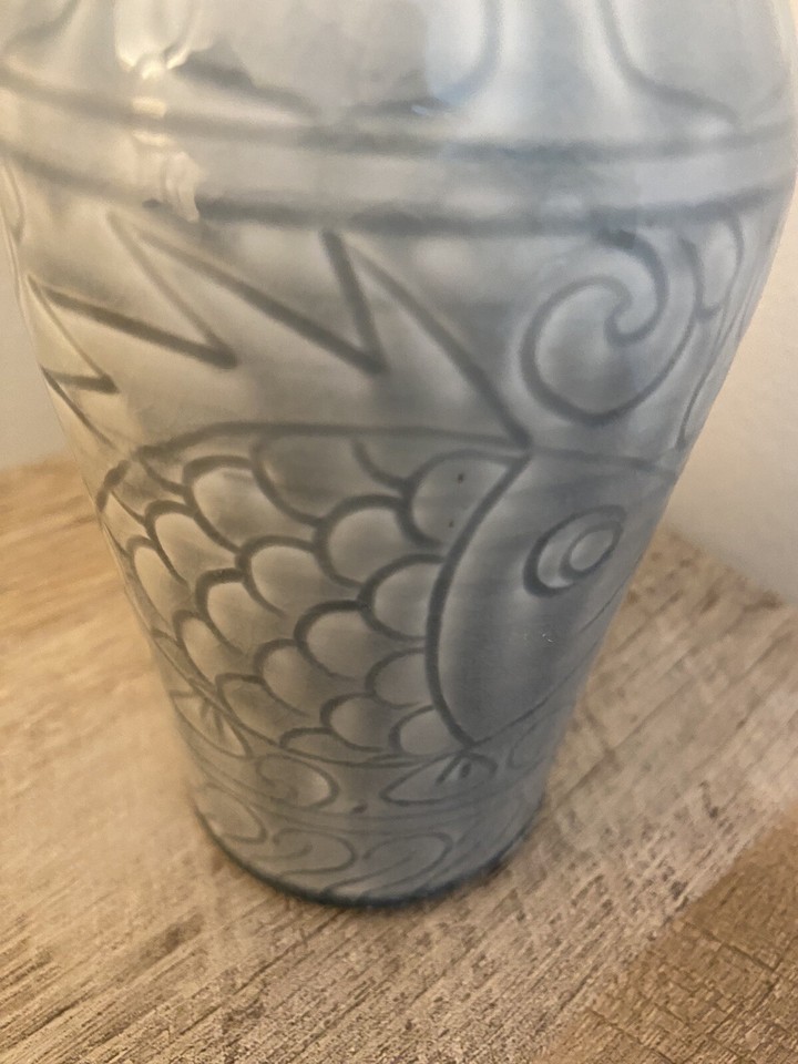 Frank Polizzi Studio Pottery Vase Celadon Fish 7” Tall Signed | eBay