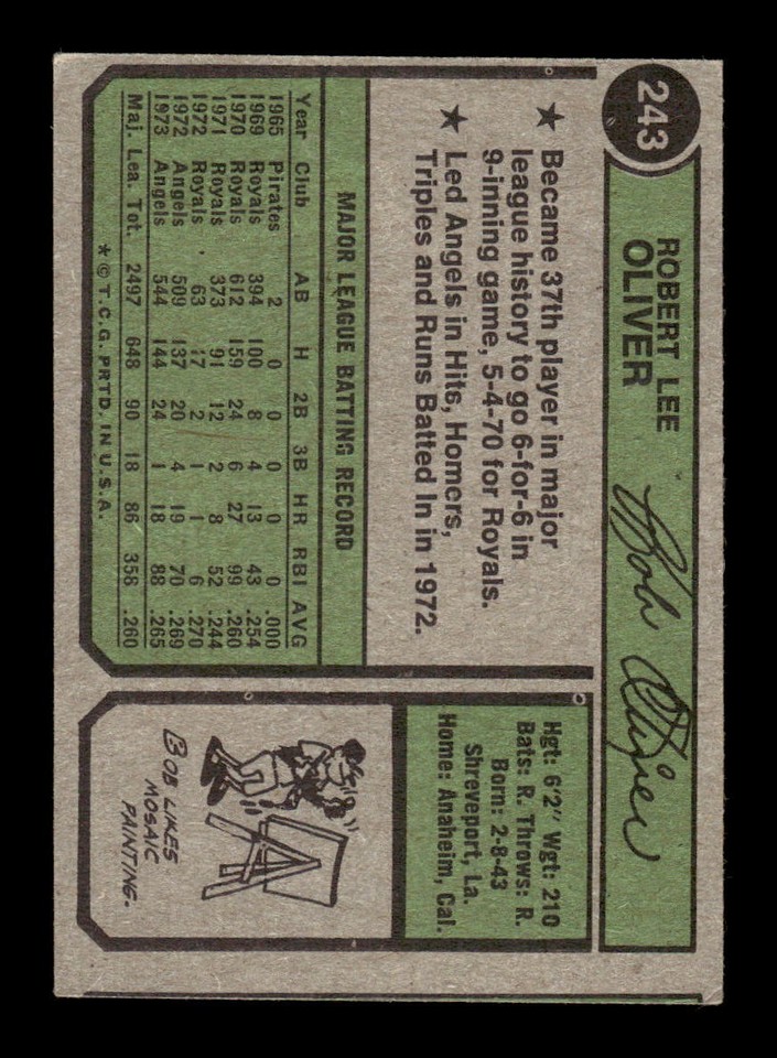 1974 Topps Baseball #243 Bob Oliver California Angels | eBay