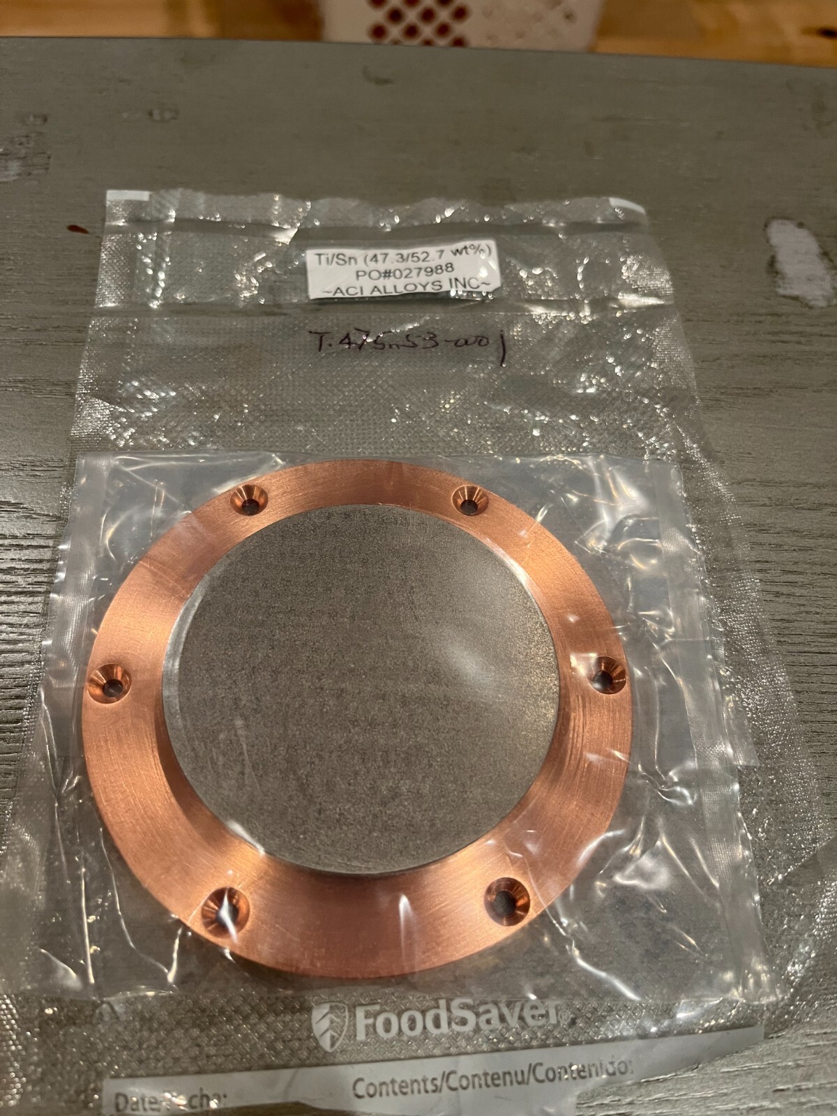 Sputtering Target, Ti47.3Sn52.7 wt %, approx 3"x.25"w/ 4" copper ...