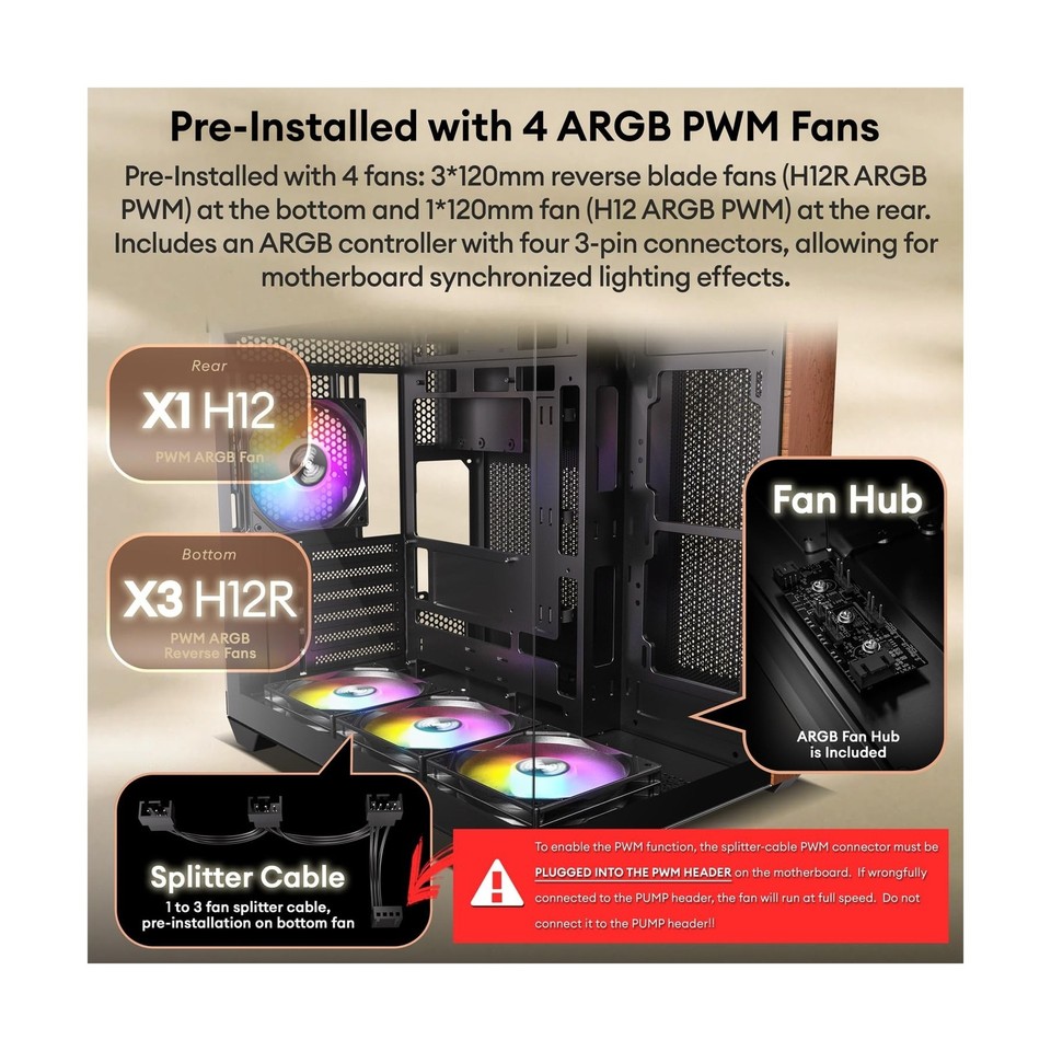 Genuine Walnut Wood PC Case, Pre-Installed 4 x 120mm ARGB & PWM Fans ...