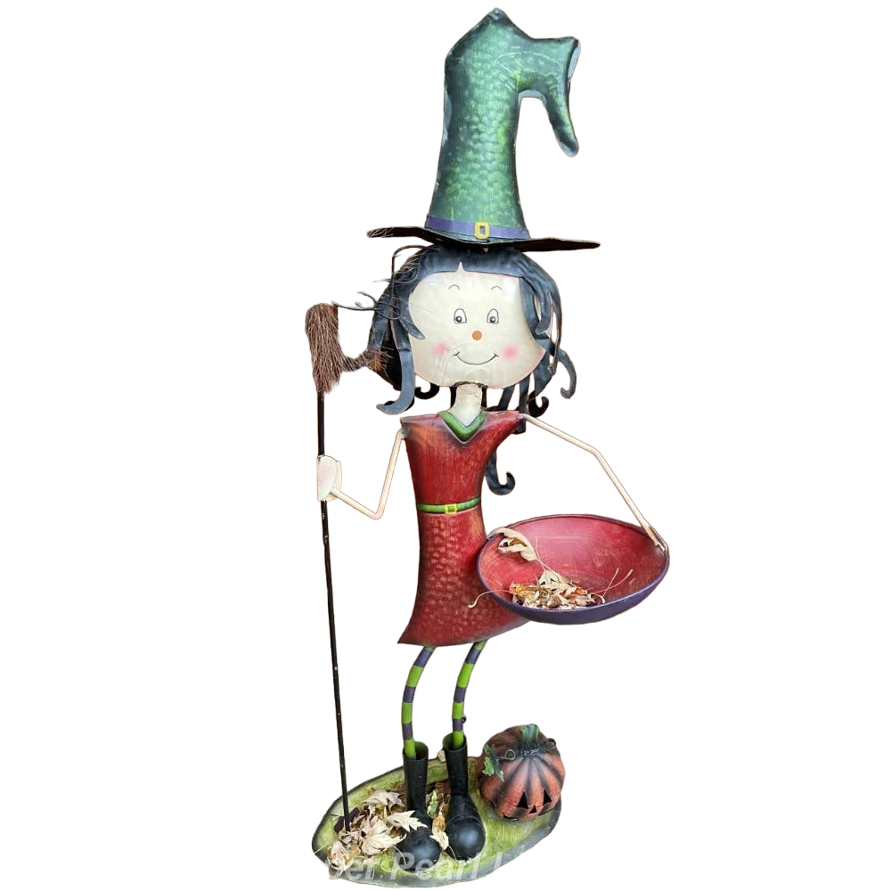 Standing Iron Witch Girl with Broom and Tray Outdoor Halloween Jack-O ...