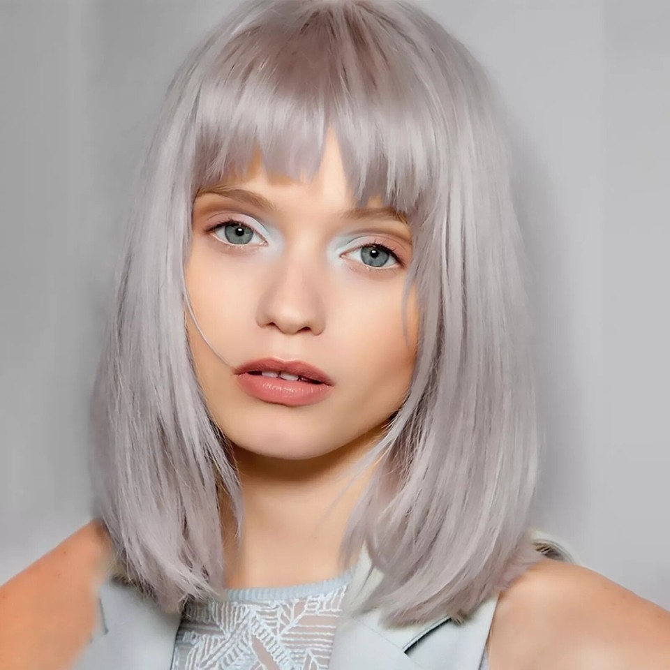 Short Silver Grey Bob Wig with Bang Synthetic Natural Wavy Costume ...
