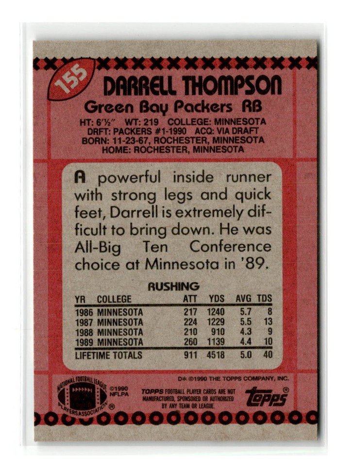 1990 Topps - #155b - Darrell Thompson RC - Green Bay Packers | eBay