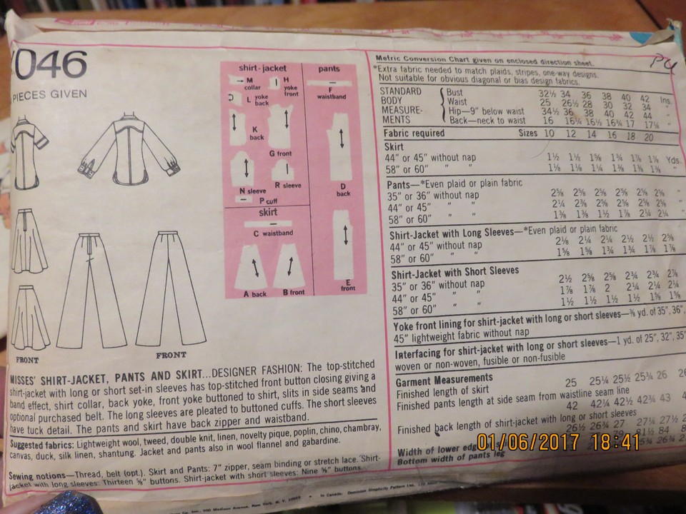 VINTAGE 70's SIMPLICITY MISSES SHIRT-JACKET PANTS & SKIRT PATTERN ...