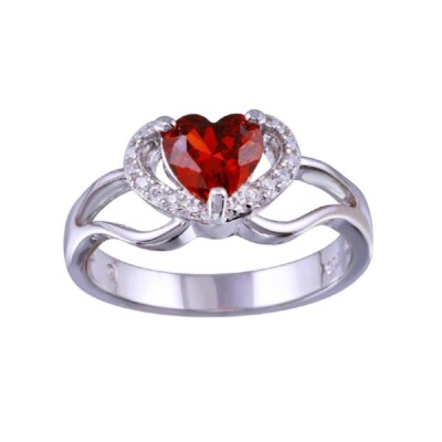 Sterling Silver Ladies Heart Ring w/ Clear & Red Color Cubic Zirconia ...