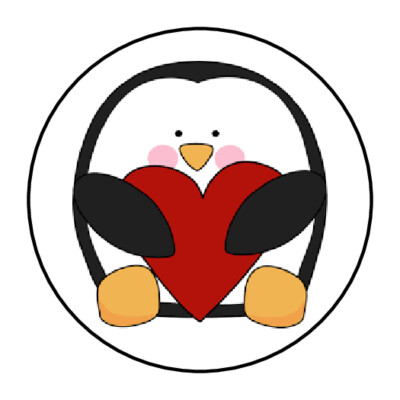Valentines day penguin with heart stickers, labels, tags envelope seals ...