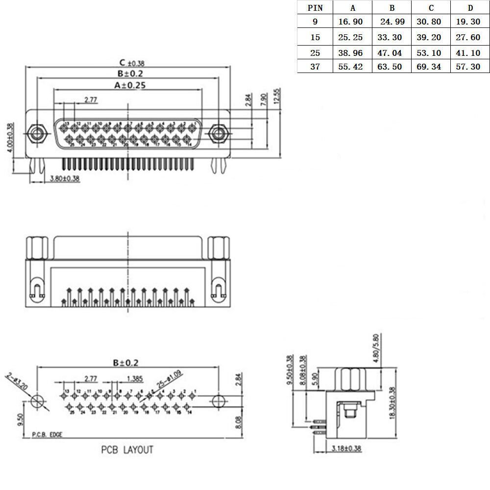 5Pcs D-SUB 9 Pin Female Right Angle PCB Connector 2 Rows DB9F Adapter ...