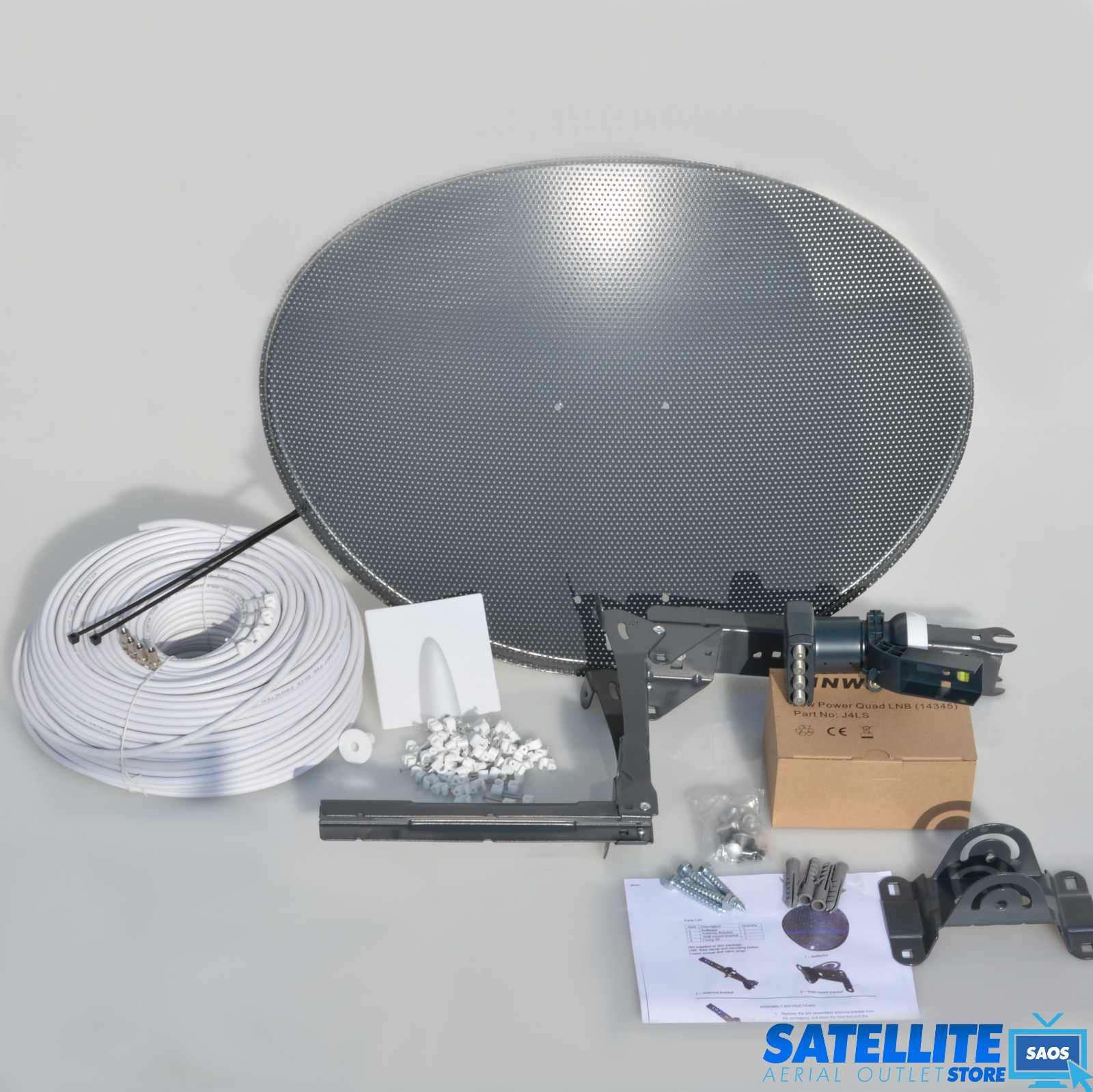 60cm zone 1 Satellite dish & quad lnb, 10m Single White Coax kit For ...