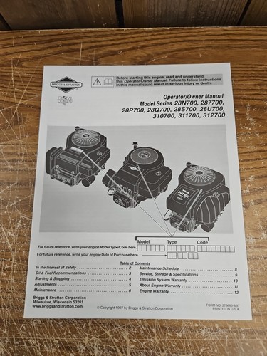 Briggs & Stratton Owners Manual 28N700 287700 28P700 28Q700 28S700 | eBay