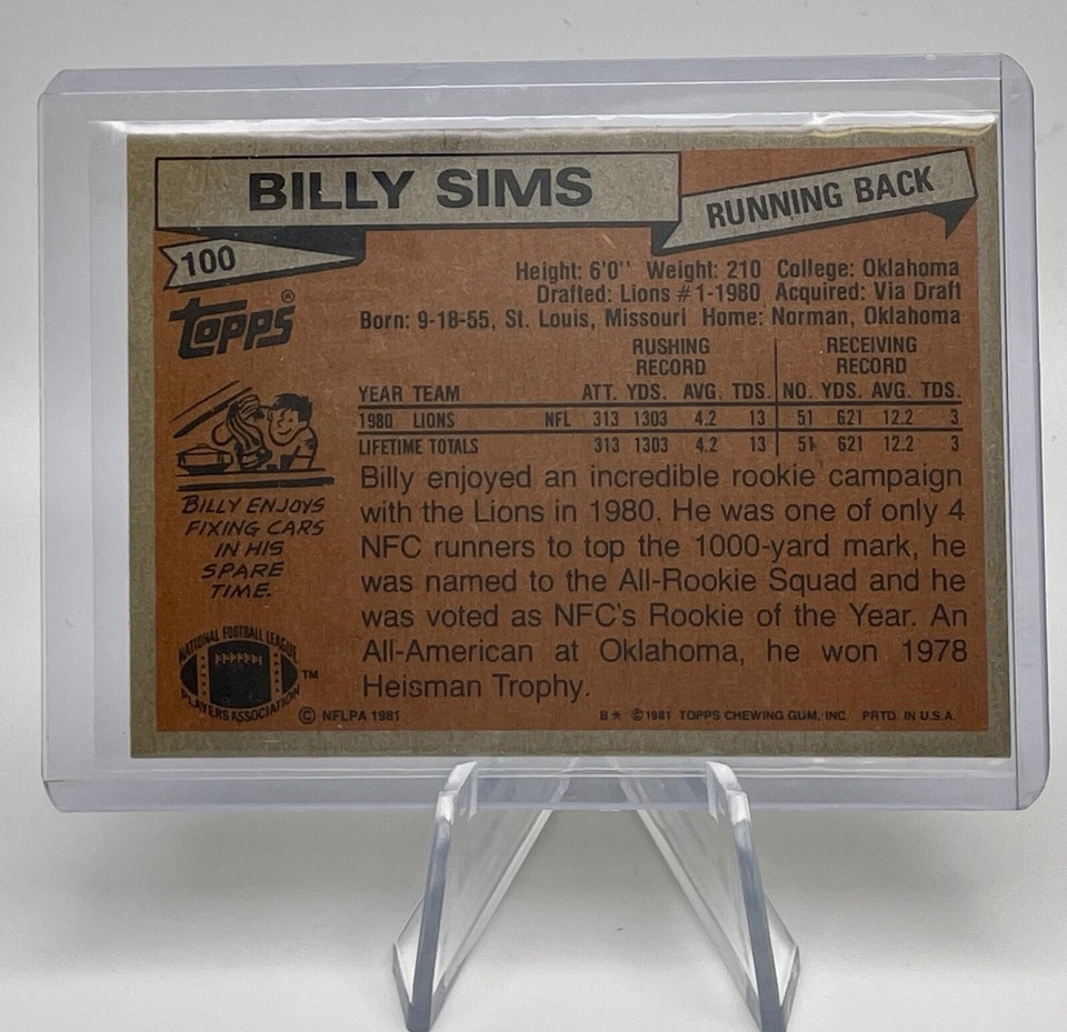 1981 Topps Billy Sims Rookie Detroit Lions #100 | eBay