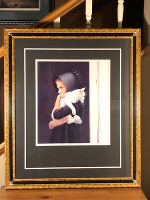 Nancy Noel (1945-2020), Amish Girl Holding White Cat, Large Beautifully ...