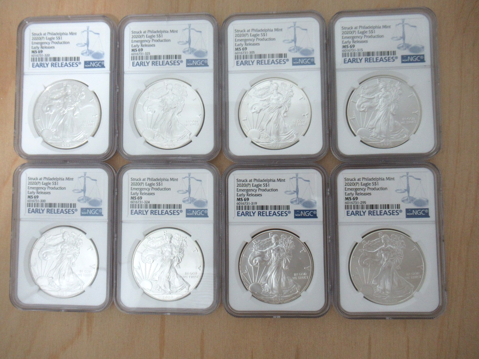 COLLECTION OF 8 - 2020 (P) SILVER EAGLE NGC MS69 EMERGENCY EARLY ...