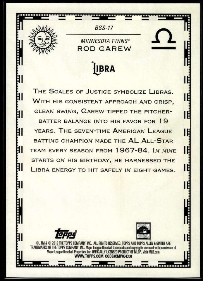 Rod Carew 2019 Allen and Ginter Baseball Star Signs 5x7 #BSS-17 16/49 ...