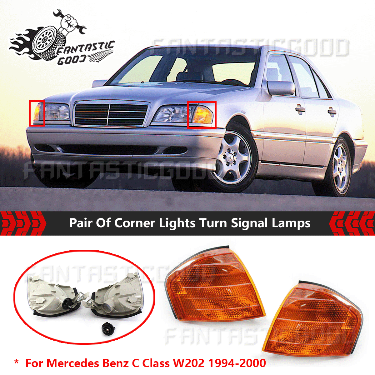 For Benz C Class W202 1994-2000 Pair Amber Front Corner Lamp Turn ...
