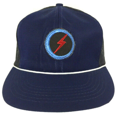 Vtg Red Lightning Bolt Patch Hat Circle Logo Mesh Snap Back Trucker ...