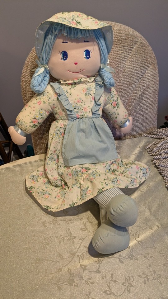 vtg 70's Cuddle Wit soft stuff girl's rag doll blue floral multi dress ...