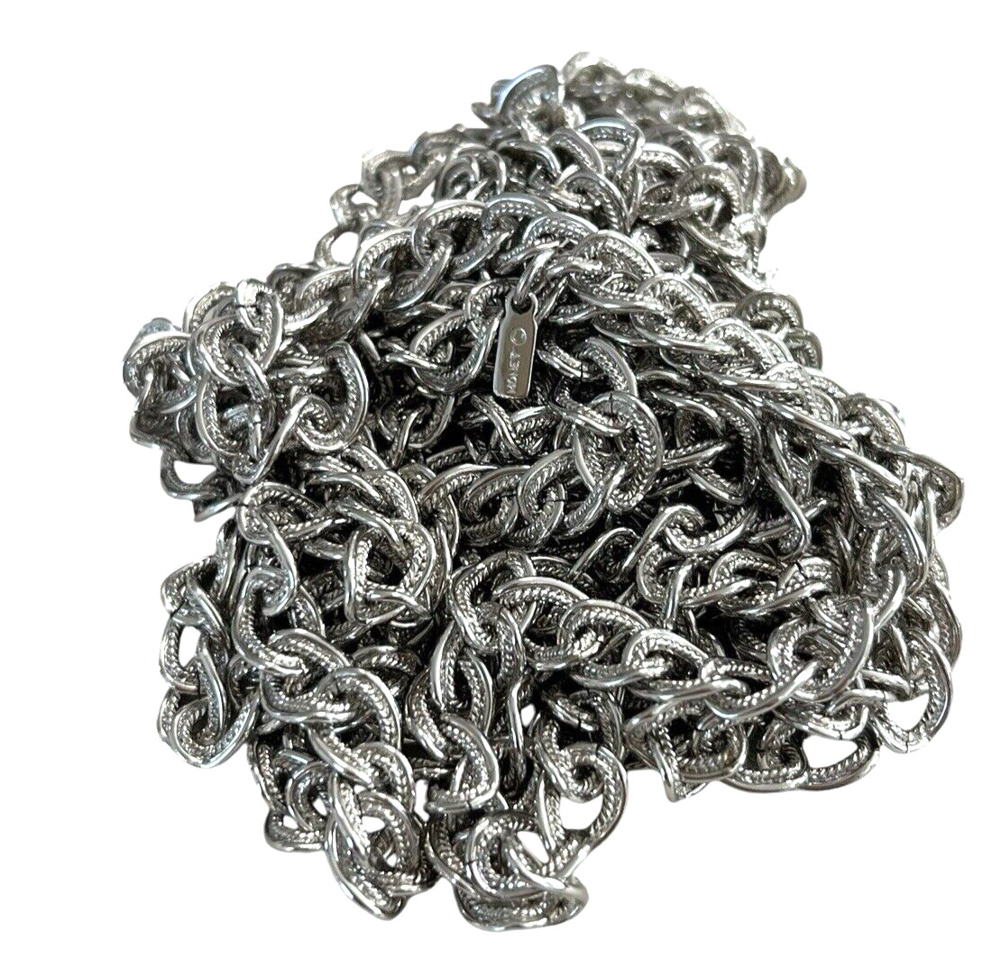 Vintage Signed Monet Super Long Silver Tone Chain Nec… - Gem