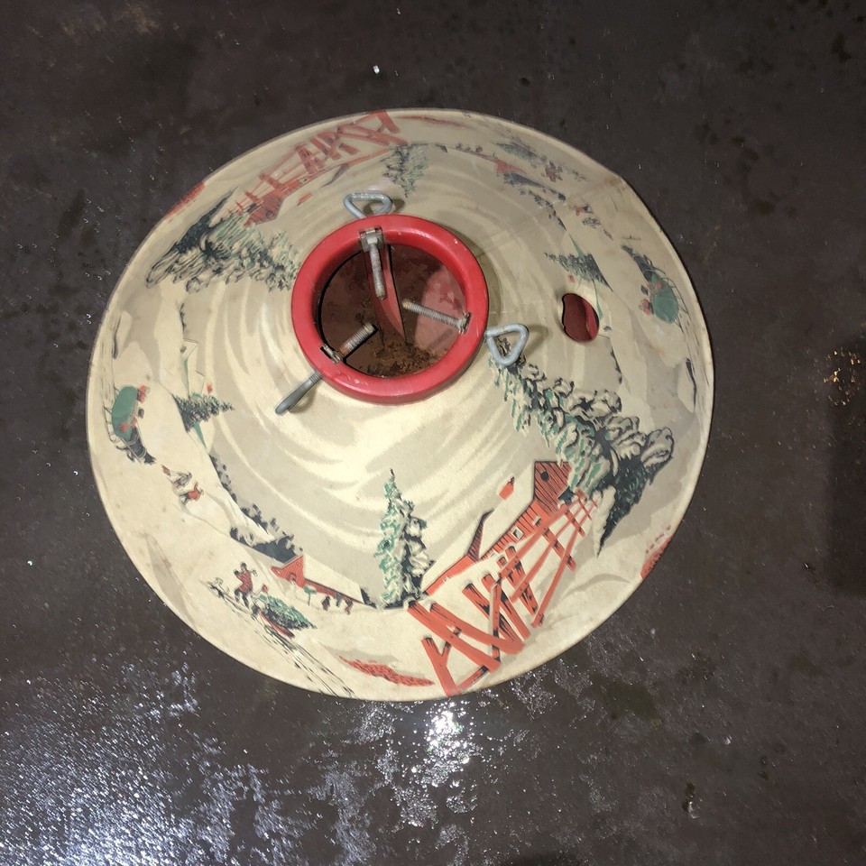 Vtg Metal Christmas Tree Stand Coloramic Painted Winter Scene Sleigh ...