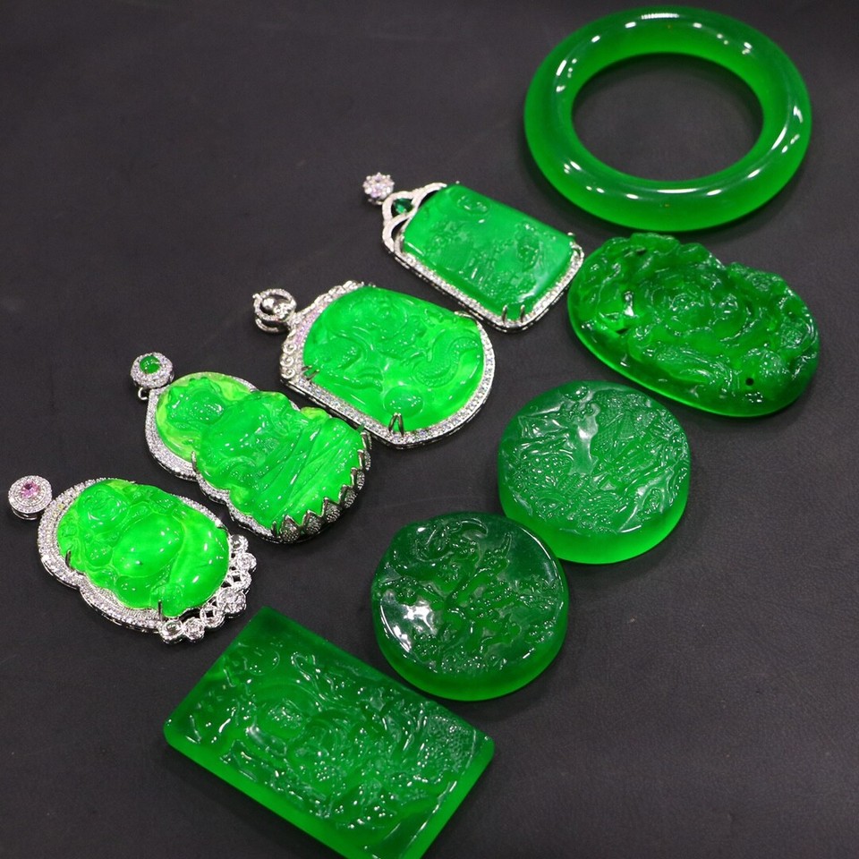 A Set Perfect High Ice Natural Pure Green Flawless Jadeite Jade M1580 ...