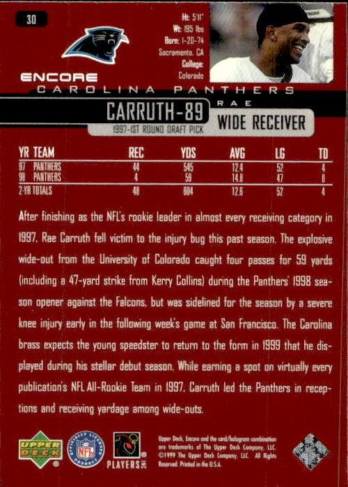 1999 Upper Deck Encore Rae Carruth 30 Carolina Panthers | eBay