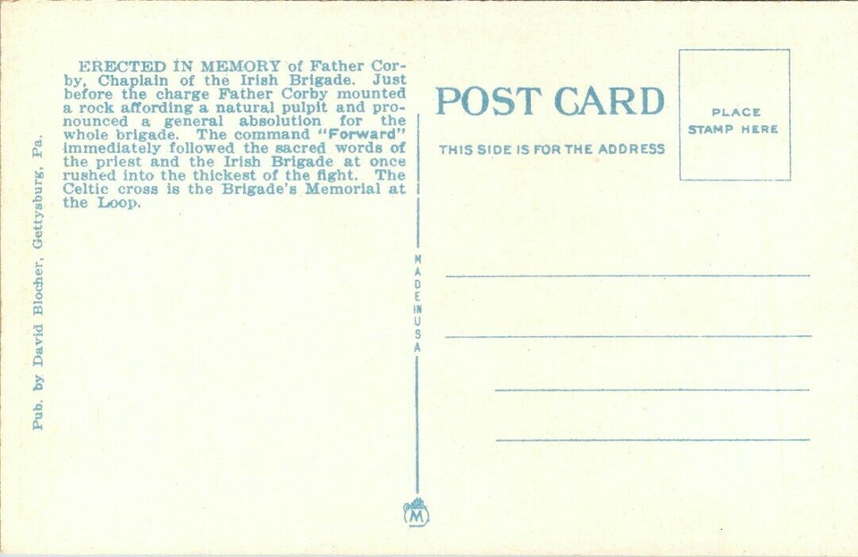 Postcard Irish Brigade Monument Father Corby Statue Gettysburg Pa | eBay
