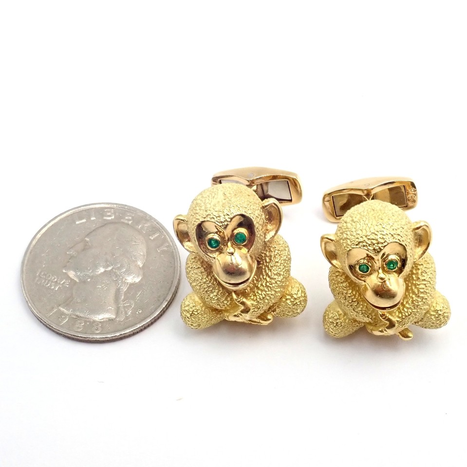 Authentic Kurt Wayne 18k Yellow Gold Emerald Whimsical Monkey Cufflinks ...