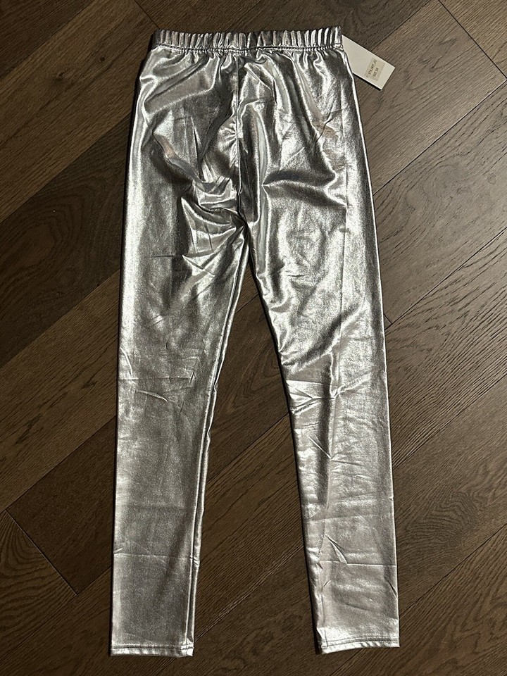 NEW! Sz S/M SHINY SILVER PANTS Slacks Women Elastic Waist pull on Small ...
