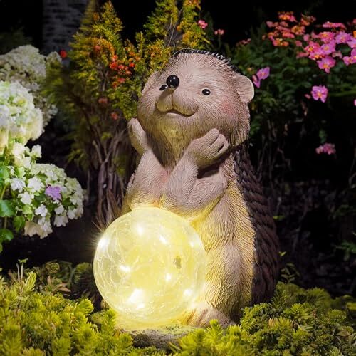 Solar Garden Hedgehog Statue with LED LightsFunny Resin Outdoor Statue ...