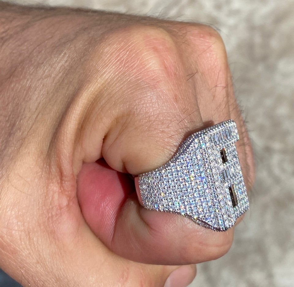 925 Sterling Silver Initial Block Letters Iced Baguette Flooded Out CZ ...