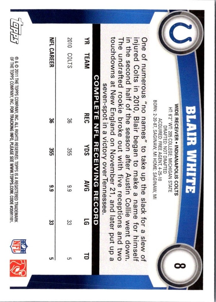 2011 Topps Blair White #8 Indianapolis Colts Football Card | eBay