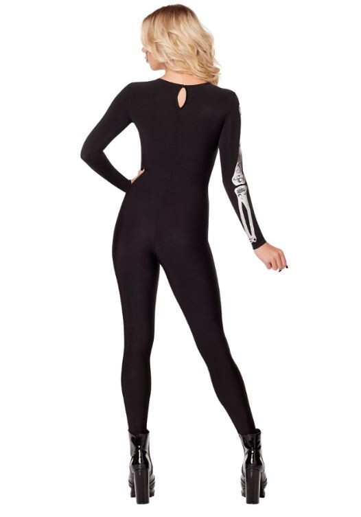 New Sexy Adult Womens One Piece Long Sleeve Skeleton Catsuit Halloween