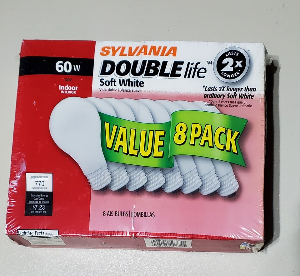 8 Pack Sylvania 60W Soft White Double Life Light Bulbs A19 NEW Sealed ...