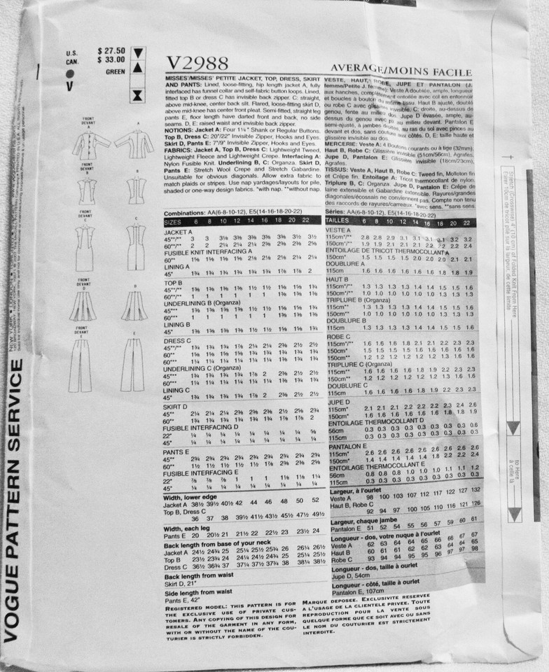 VOGUE PATTERN 2988 WARDROBE JACKET TOP DRESS SKIRT PANTS PETITE OPTION ...