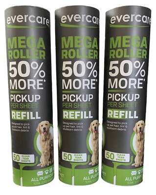 Evercare Mega Roller All Purpose Pet Lint Roller 3 Pack Refills 50 ...