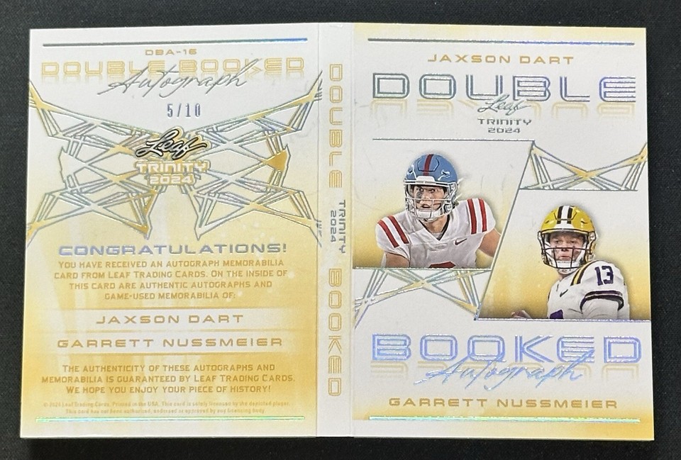 2024 Leaf Jaxson Dart Garrett Nussmeier Booklet Laundry Tag Patch Dual ...