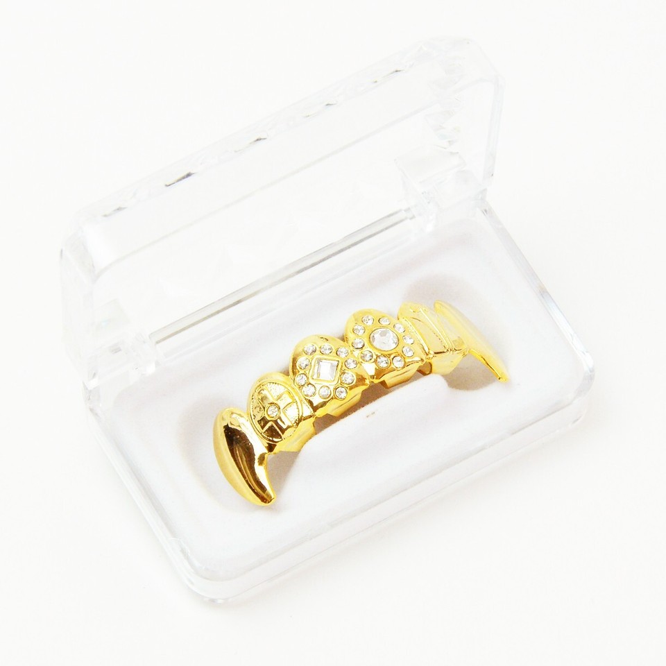 Men's 14k Gold Plated Iced Top Teeth Vampire Fang Grillz +2 Molds Hip ...